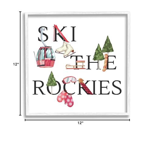 Stupell Industries Ski The Rockies Winter Seasonal Sports Phrase, Designed by Ziwei Li White Framed Wall Art, 12 x 12, Red