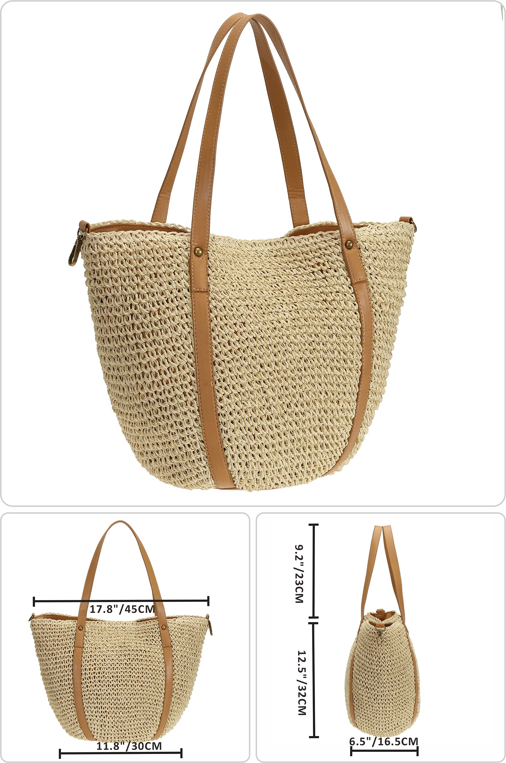 So'each Women's Handbag Wicker Woven Rattan Straw Tote Shoulder Bucket Bag Beige