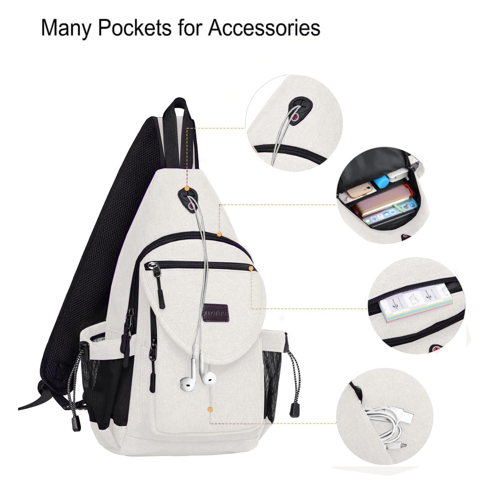 MOSISO Sling Backpack,Canvas Crossbody Hiking Daypack Bag with Anti-theft Pocket, Pearl White