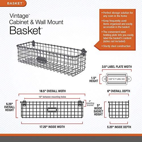 Spectrum Diversified Vintage Basket, Rustic Farmhouse Kitchen Cabinet & Pantry, Wall-Mounted Storage & Organization, 6x18.5x5.2 Inch (Pack of 1), Industrial Gray