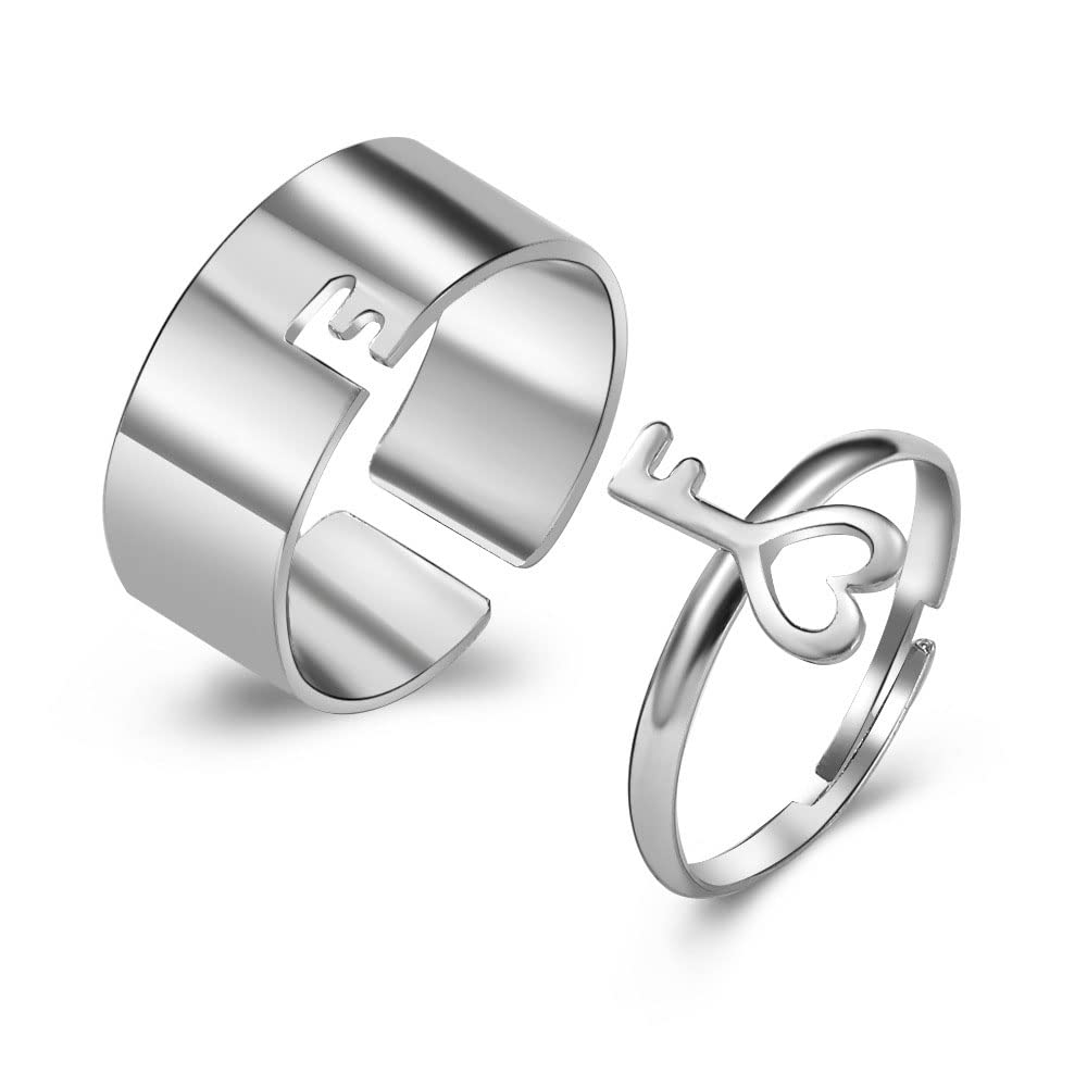 Vintage Couple Ring Mushroom Love Key Ring Wedding Bands Sets for Him and Her (Heart shaped key) Silver