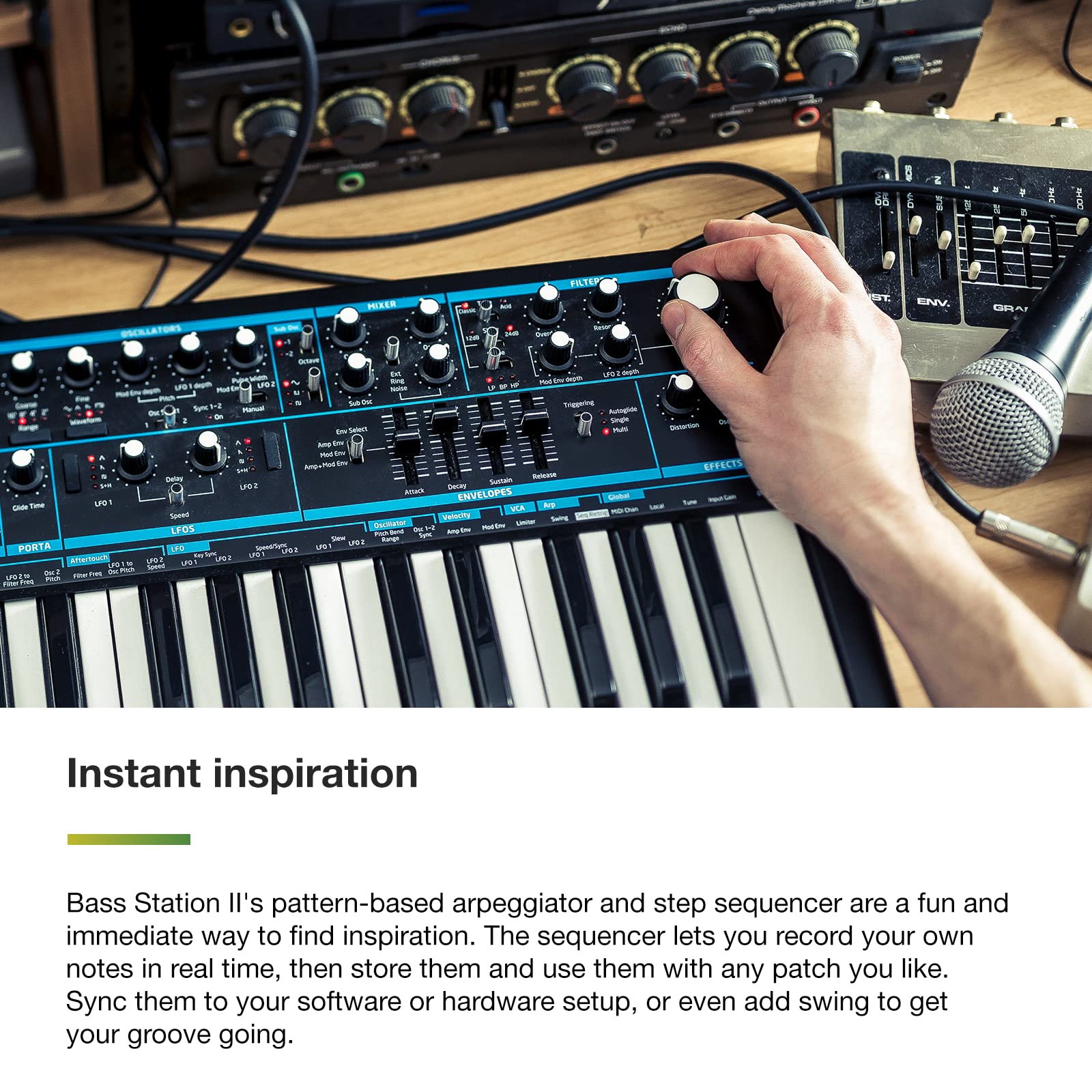 Novation Bass Station II Analog Monosynth β includes 64 factory patches, pattern-based step sequencer and arpeggiator, two oscillators plus an additional sub oscillator.