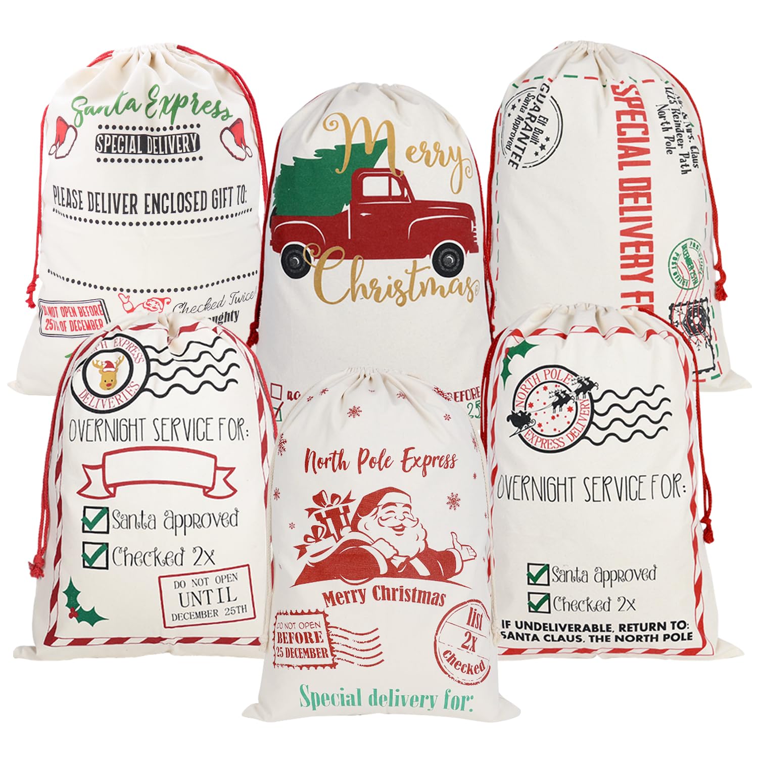 PIXHOTUL 6 Pack Santa Sacks Large Christmas Cotton Bags Drawstring Christmas Sacks for Kids 27.5" x 19.5"