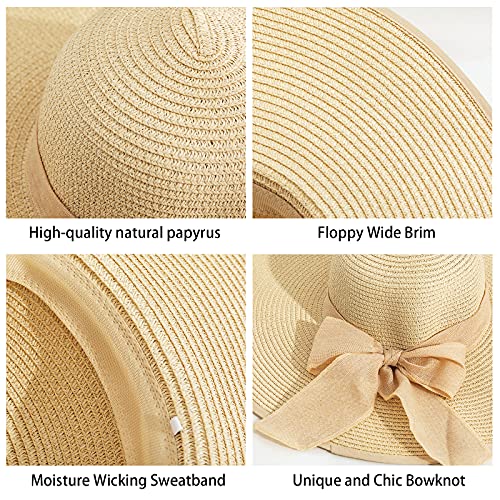 sxxkuxuan Women's Wide Brim Sunscreen Straw hat Floppy Disk Foldable roll up Beach Sunhat (5.5 inches-Khaki)