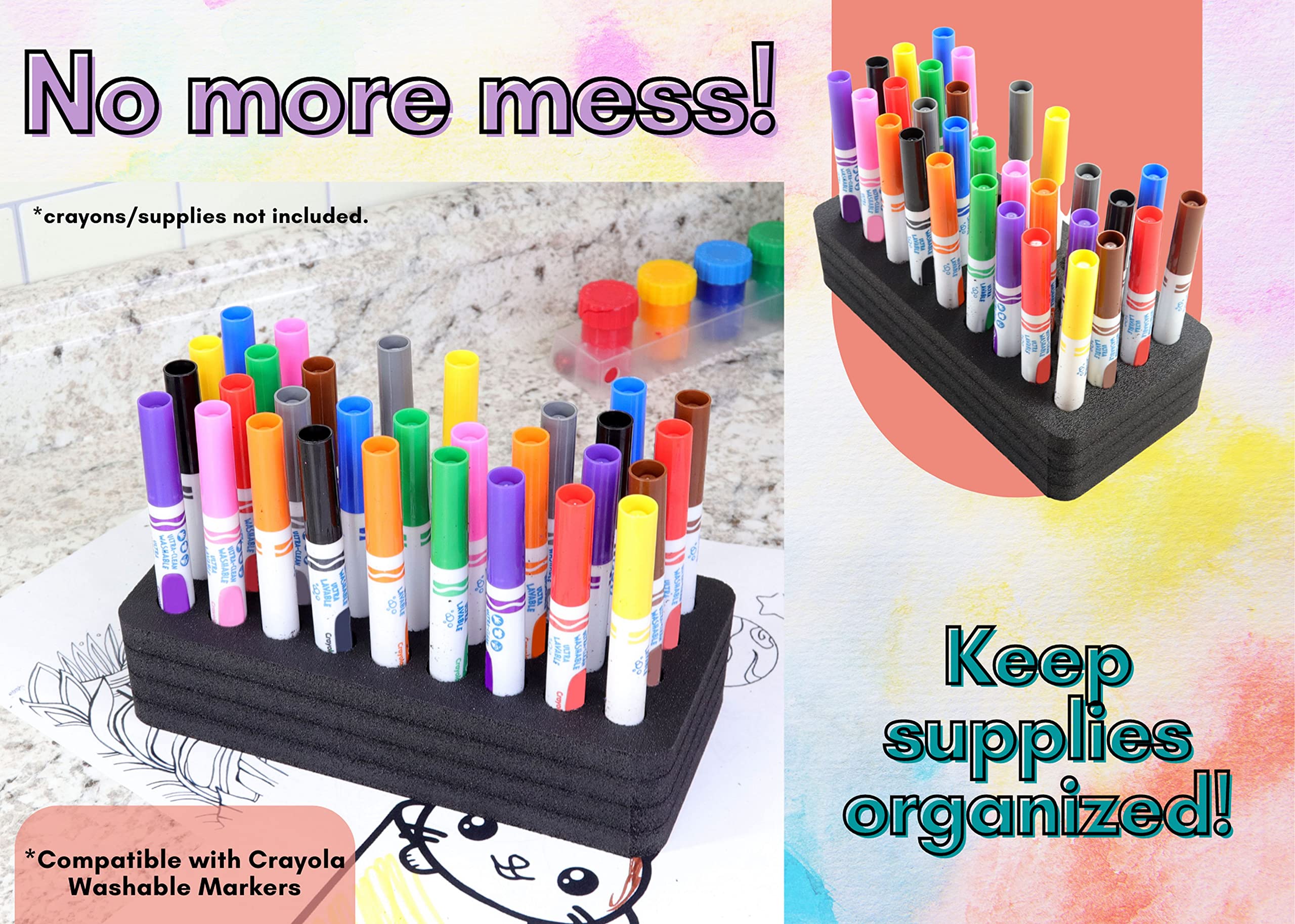 Polar Whale Washable Marker Desk Stand Organizer Compatible with Crayola and Others Design Storage Tray Supply Non-Scratch Non-Rattle Washable Durable Black Foam Holds 36
