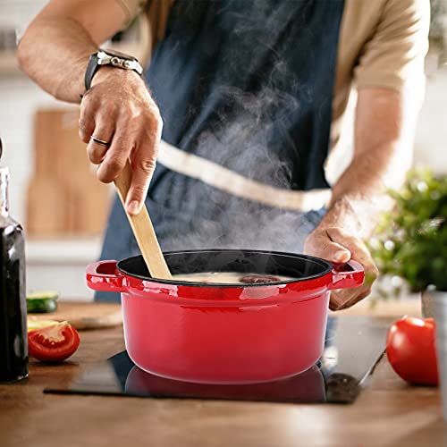 Puricon 4.9 QT Non-Stick Enameled Cast Iron Dutch Oven with Lid, 4.9 Quart Round Enamel Cast Iron Skillet with Loop Handles -Red