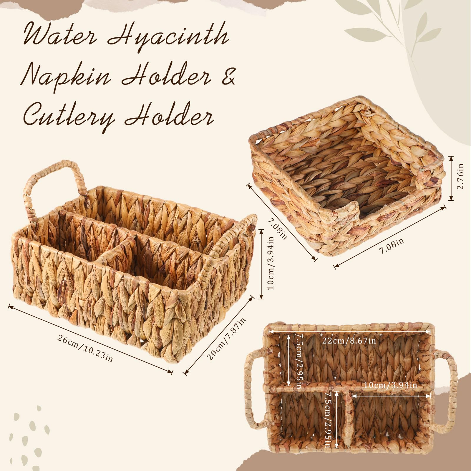 Norme Wicker Flatware Organizer and Wicker Napkin Holder Woven Utensils Holder Caddy Cutlery Silverware Holder for Kitchen Table Storage Hyacinth Baskets Rattan Napkin Holders with Handle