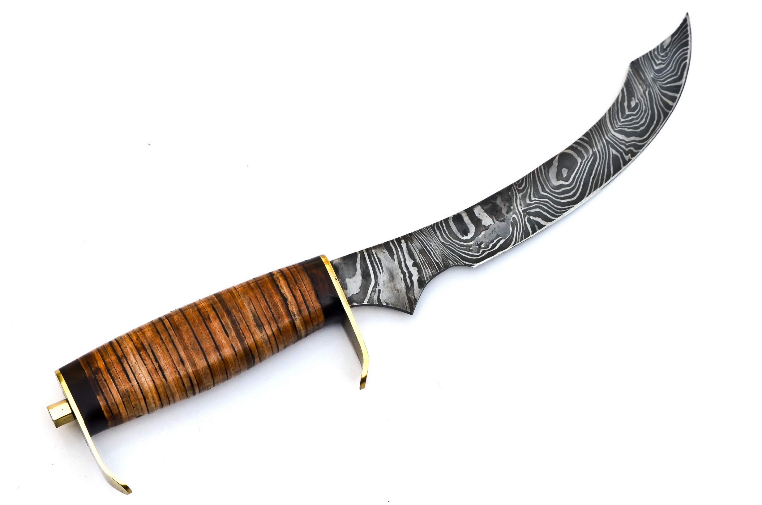 Skokie Knives Custom Hand Made Damascus Steel Hunting Knife Handle Stacked Leather With Double Brass Double Clip