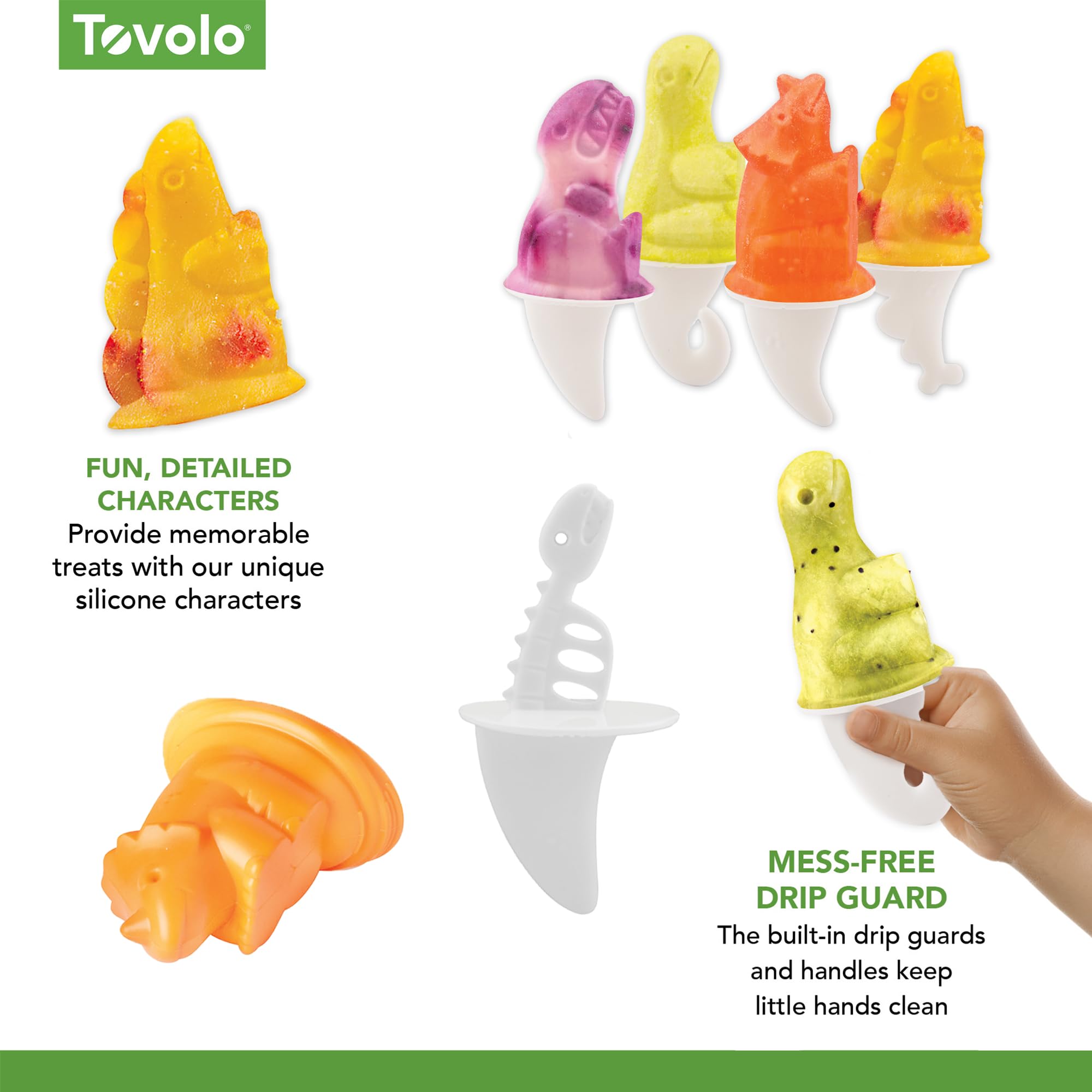 Tovolo Silicone Popsicle Molds with Sticks (Dino) - Ice Pop Molds with 4 Cavities for Homemade Flavored Ice Pops & Frozen Snacks - Popsicle Maker with Drip-Guards, Dishwasher Safe & BPA-Free
