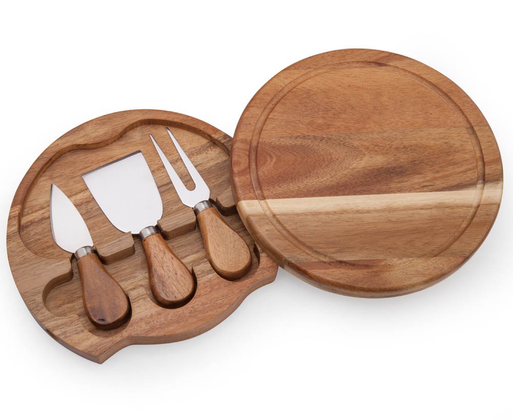 Tungyi Round Slide-Out Acacia Wood Cheese Serving Board and 3 Piece Cheese Tool Set, 7.5 inch Diameter, Ideal for Outdoor Picnic Housewarming Kitchen Personalized Gift