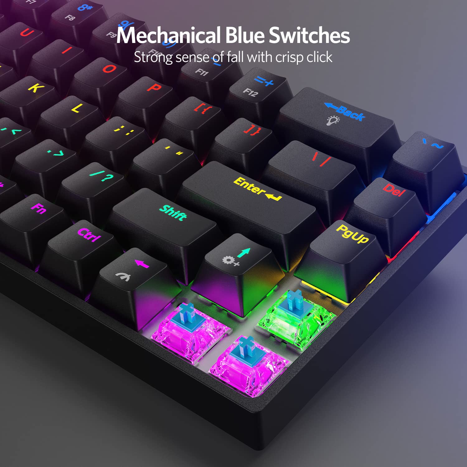 TEWELL 68 Keys Wireless and Wired Mechanical Gaming Keyboard with Blue Switches, Audible Click Sound Rainbow Portable Compact Mini Office Keyboard for Windows PC Gaming