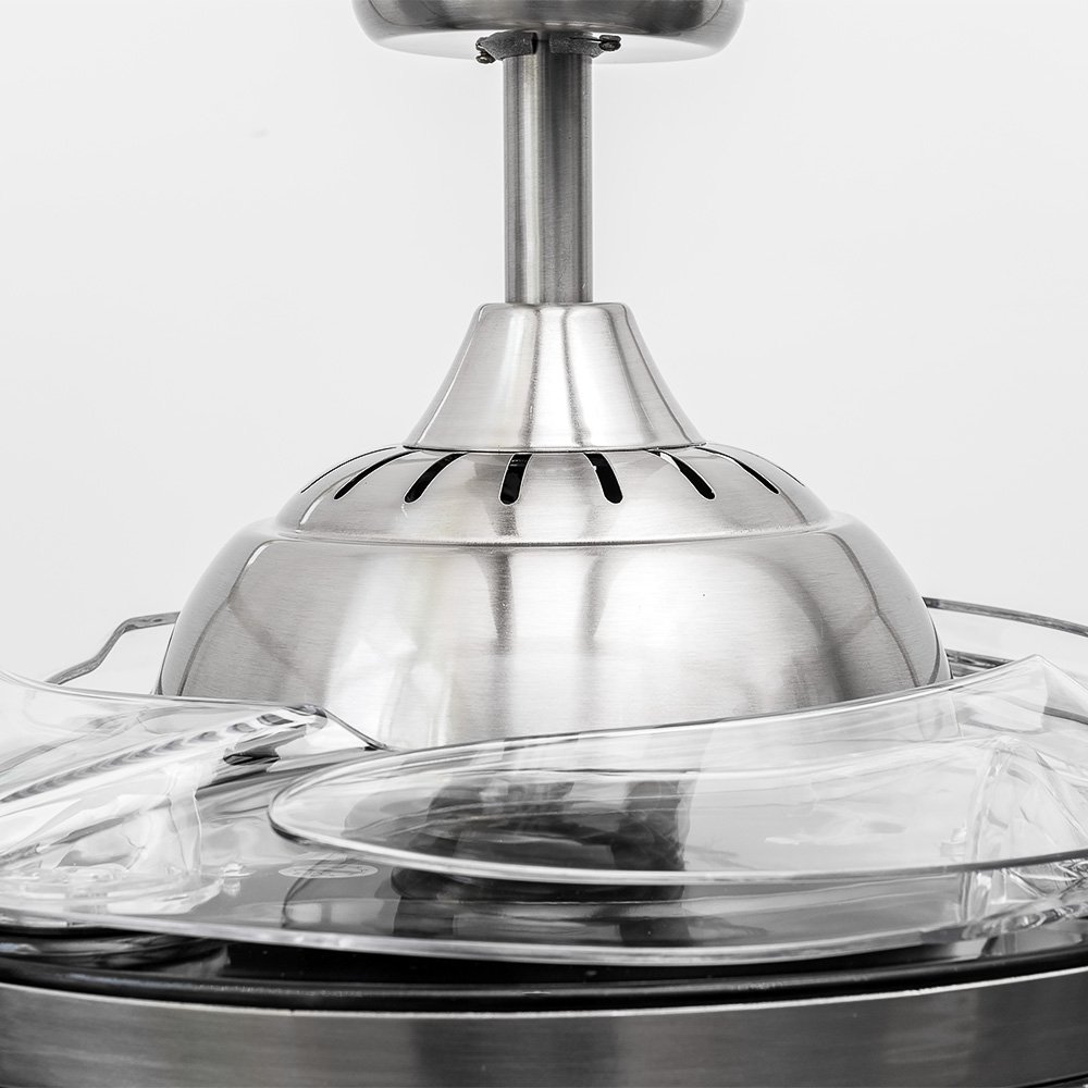 Orillon Modern 42 Inch Crystal Chandelier Fan Light Polished Silver Retractable Hidden Invisible Silent Fan for Indoor Room, Reversible 6-Gear Speed LED 36W, Dual Control-Remote and Wall Control