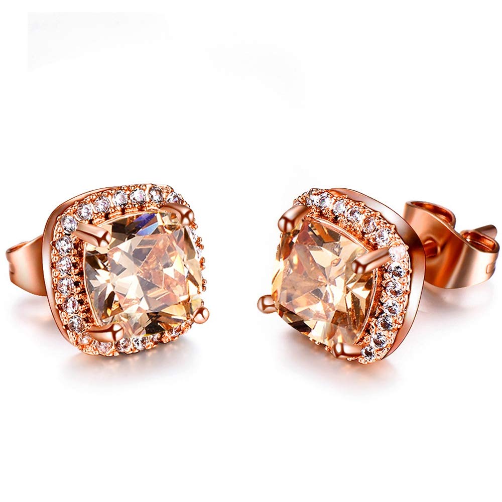 Platinum Rose Gold Plated Cluster Style Simulated Cubic Zircon Fire Opal Stud Earrings (Rose Gold Champagne)