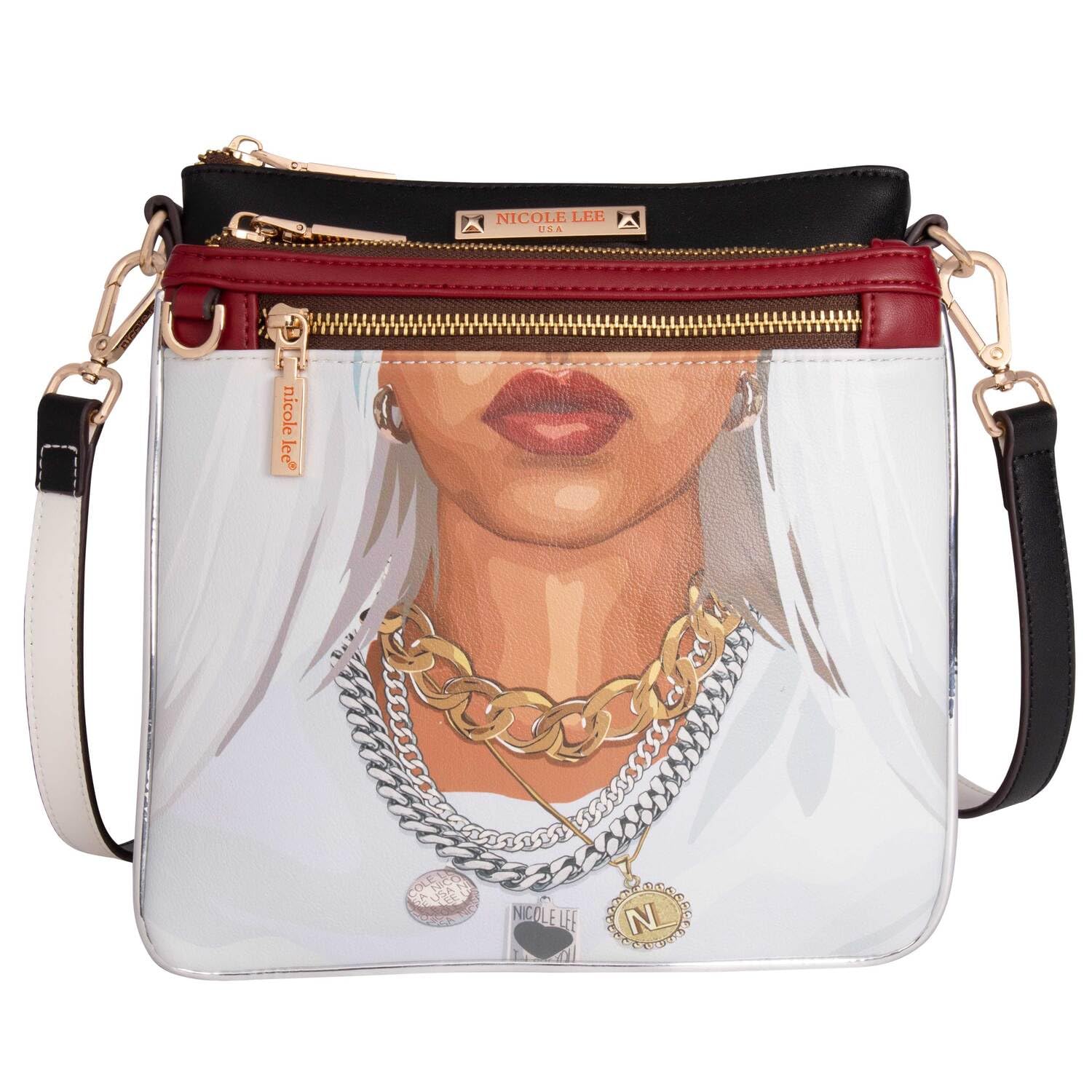 Nicole Lee Goddess of Love Crossbody, Small Vegan Leather Embellished Shoulder Bag with Multiple Compartments