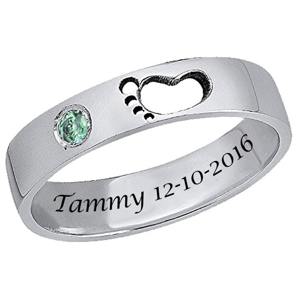 Ouslier 925 Sterling Silver Personalized Birthstone Baby Footprint Name Ring Custom Made with Name and Date (Silver)