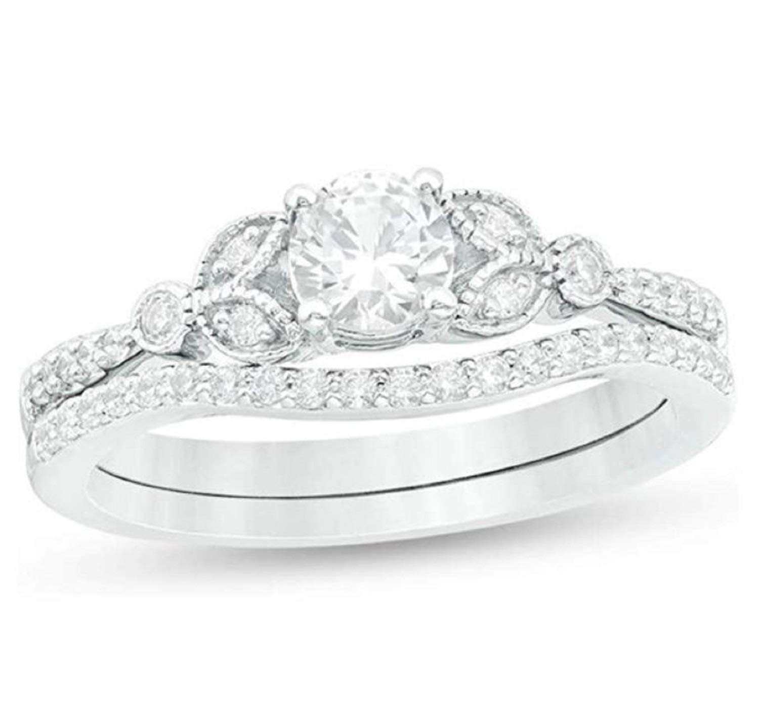 Round Cut 1/6 CT Simulated Diamond Leaf-Sides Vintage-Style Bridal Engagement Wedding Ring Set For Womens In 925 Sterling Silver