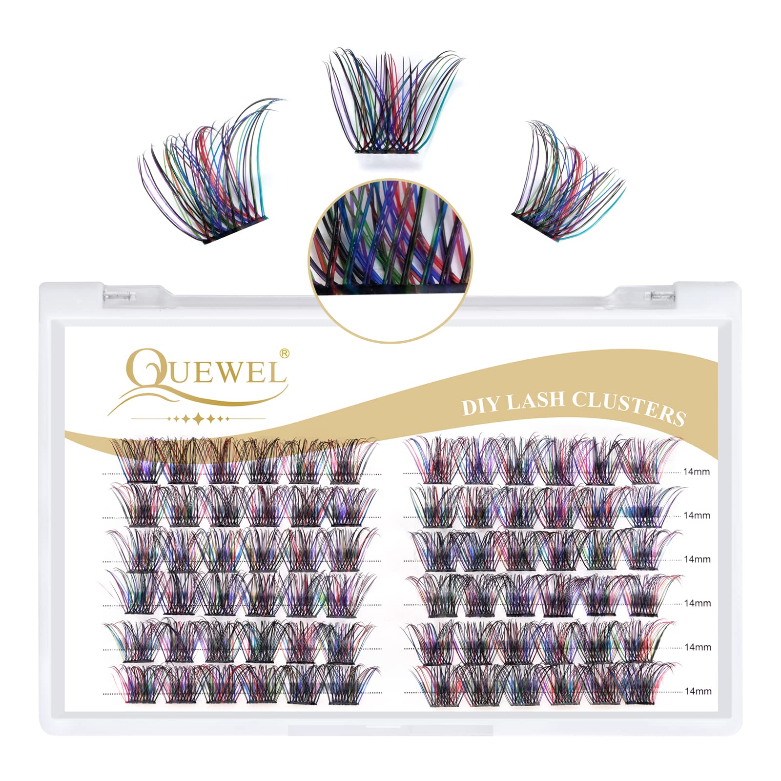 QUEWEL Cluster Lashes 72 Pcs Wide Stem Colored Eyelash Clusters Mixed Colors Lashes Clusters+ C/D Curl 8-16mm Length DIY Eyelash Extension False Eyelashes Natural&Mega Styles