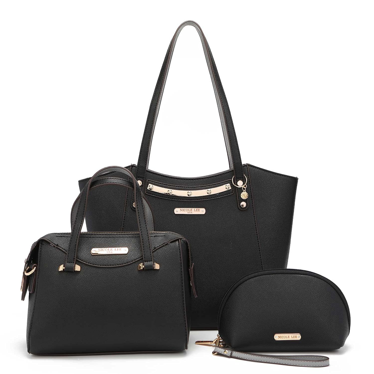 Nicole Lee Mia 3 Piece Set (Shopper, Mini Satchel, Pouch) (BLACK)