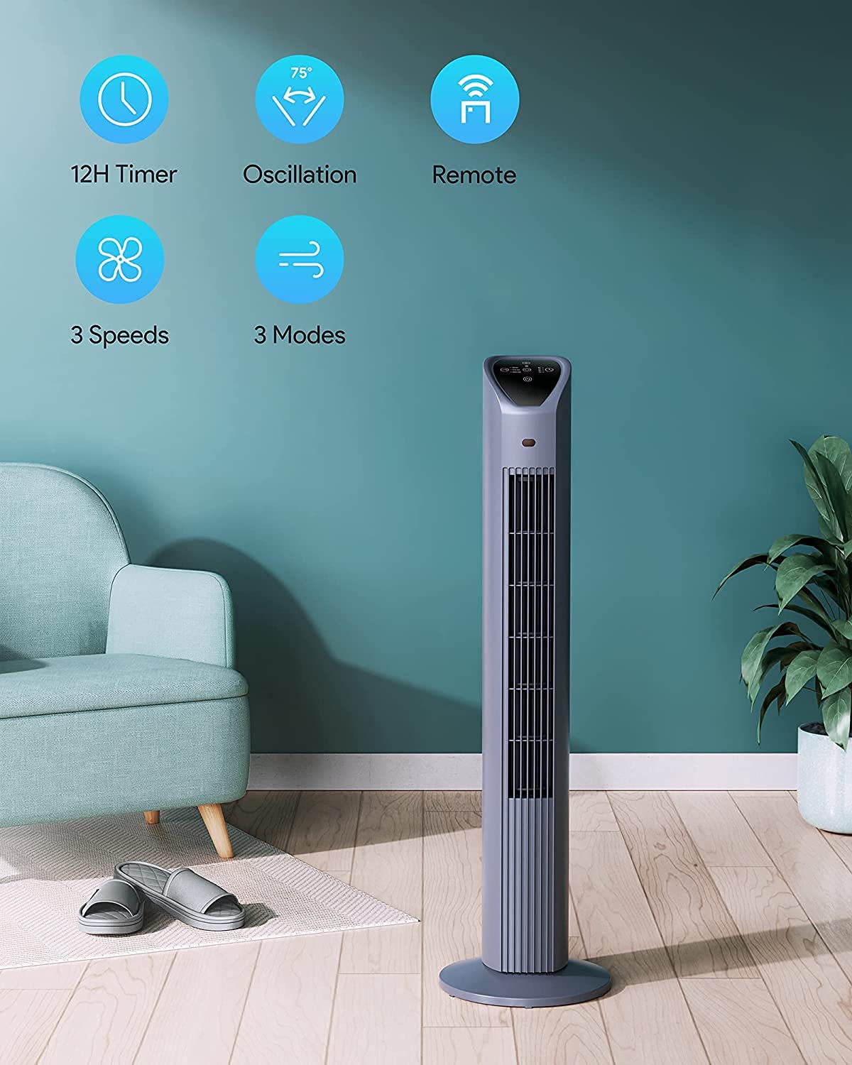 Tower Fan with Remote, Oscillating Fan Features 3 Modes 3 Speed, 75° Oscillation Standing Fans, Auto-off Backlight and 12H Timer, Portable Floor Bladeless Fan for Bedroom, Home and Office, Gray