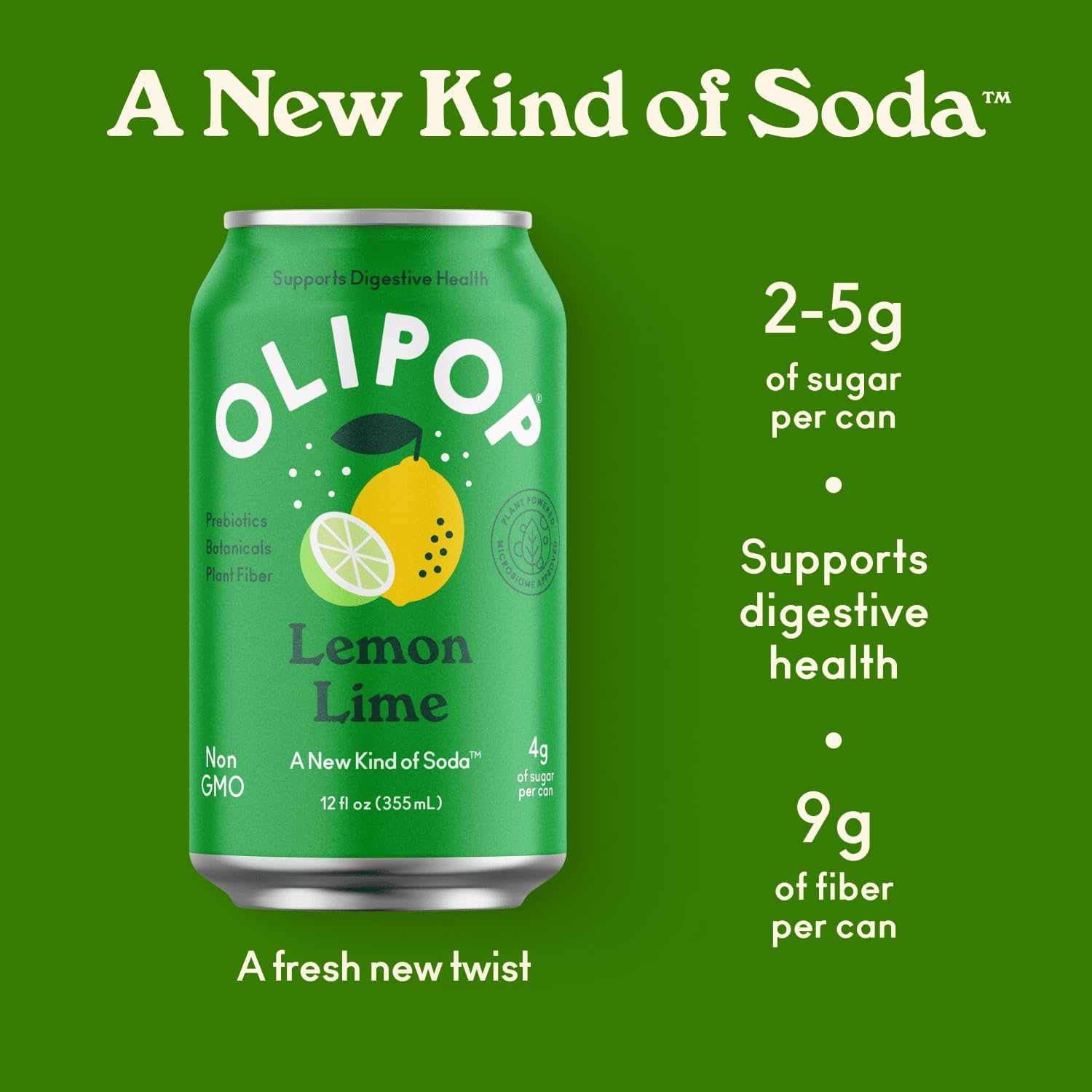 OLIPOP Prebiotic Soda Pop, Lemon Lime, A New Kind of Soda Packed with Prebiotics, Fiber, and Botanicals, Gluten Free, Vegan, GMO Free, 12oz (12-Cans)