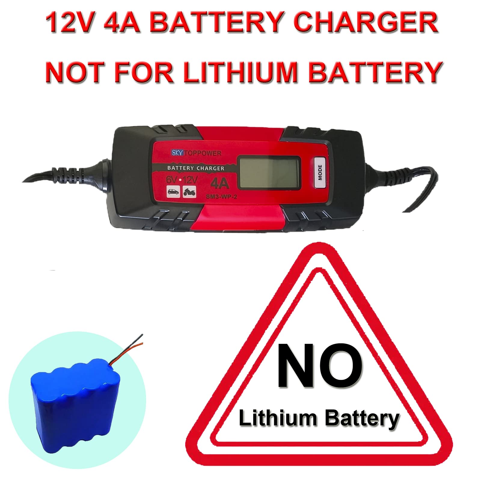SKY TOPPOWER Battery Charger 6V/12V 4A Smart Battery Maintainer, with LCD Display,Fully Automatic Trickle Charger for Automotive Car Motorcycle, Lawn Mower,Motorcycle, Boats.