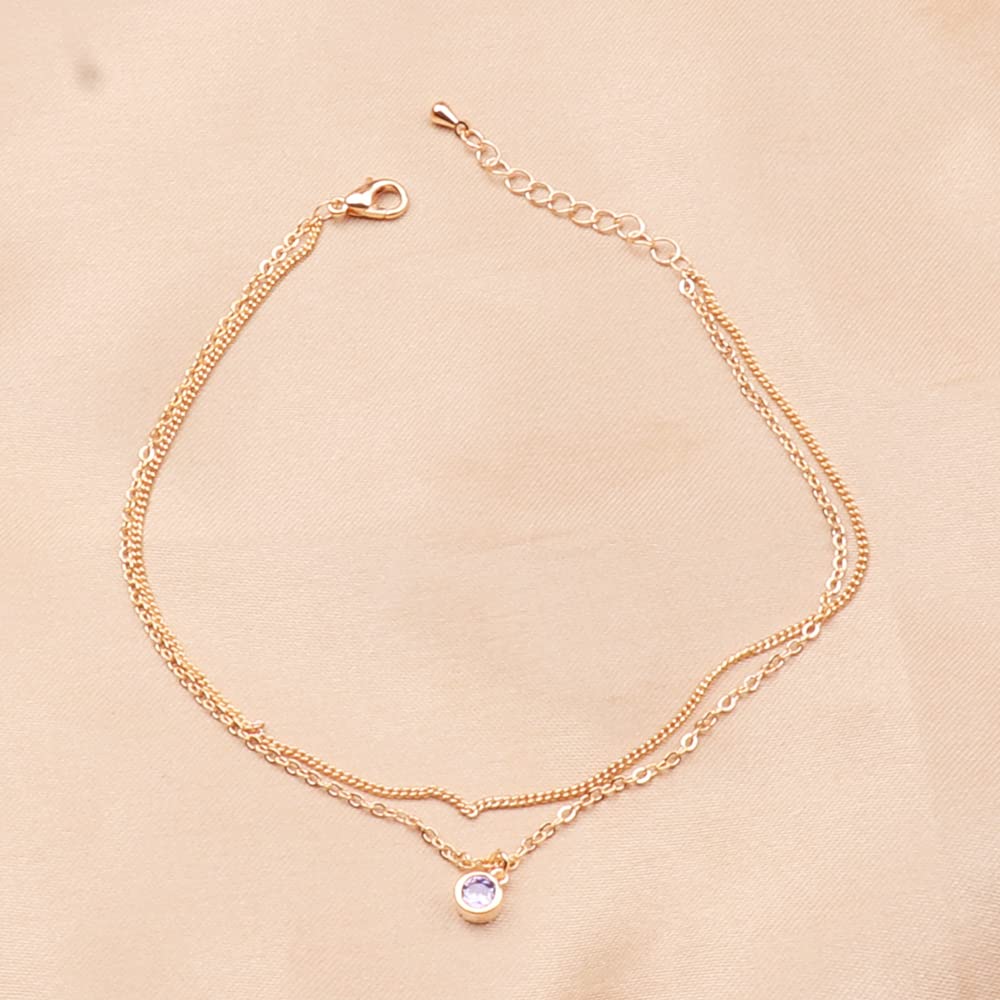 UEUC Gold Anklet for Women, 14K Gold Cuban Link Anklet Chains with Birthstone Charm, Cute Dainty Layering Anklets Chain Adjustable(#2)
