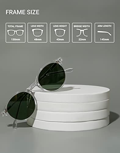TIJN Polarized Colored Sunglasses for Womens Mens,Retro Small Round Frame,UV400 Protection Tinted Lens Sunnies(Clear+Green)