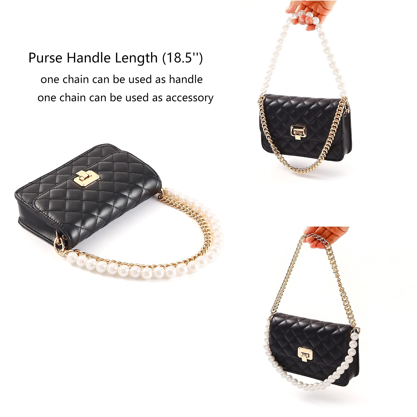 Purse Strap Short Pearl with Metal Handle Bag Chain Replacement,Handbag Purse Making Accessory Decoration (Antique Gold)