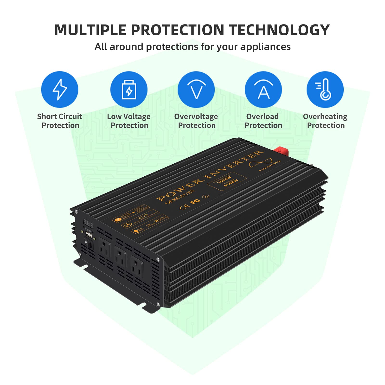 Osxcaues Pure Sine Wave 3000W Power Inverter 24V DC to 110V AC Remote Control Converter with 3 AC outlets for Solar System Truck Boat Car