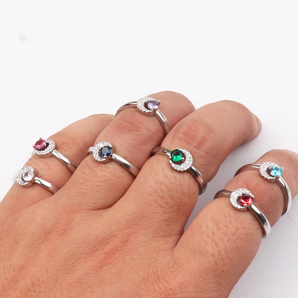UEUC Moon Birthstone Ring for Women, 14K Silver Plated Crescent 5A Zircon Open Adjustable Ring, Wedding Engagement Statement Promise Ring(#10)