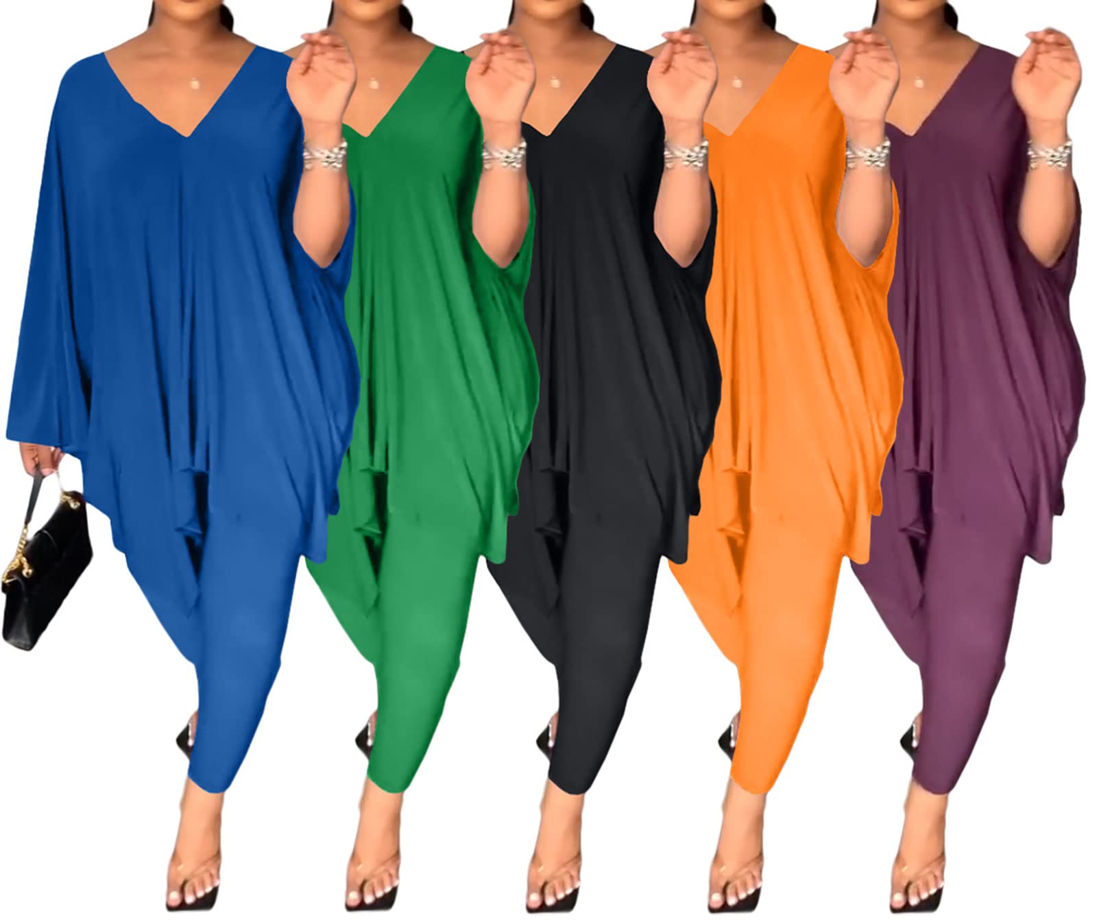 Women’s Casual 2 Piece Outfits Solid V Neck Batwing Sleeve Asymmetric Top Tracksuits Set Bodycon Long Pants 2 Piece Loungewear Purple Large