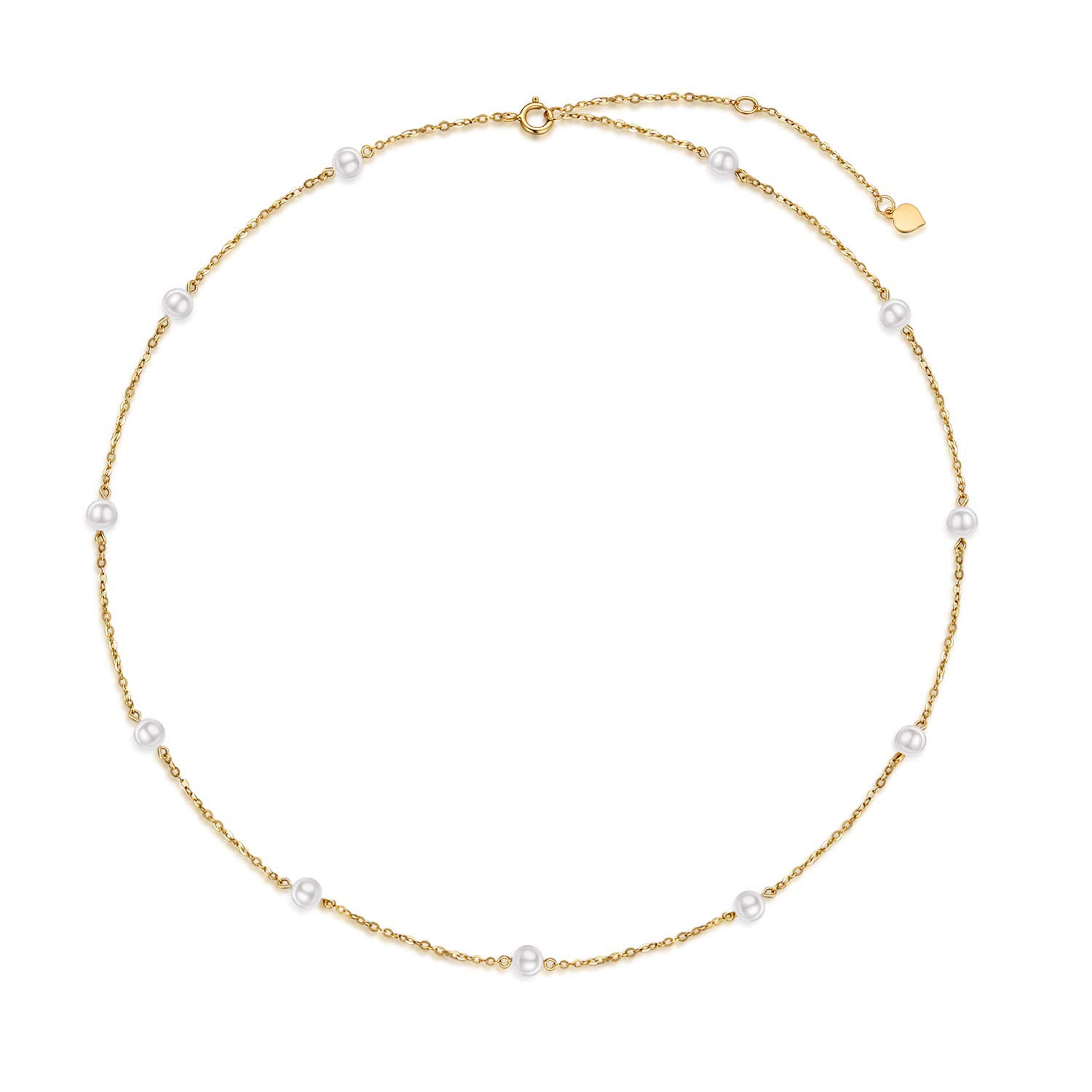 Solid 14K Gold Pearl Necklace for Women Freshwater Cultured Pearl Choker Necklace Station Tin Cup Pearl Necklace Dainty Jewelry for Her Anniversary, 16''-18''