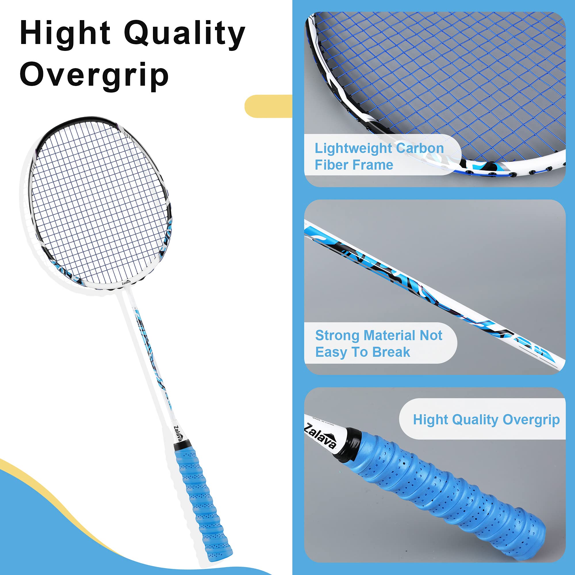 Professional Badminton Rackets Lightweight Badminton Racquets Set, Zalava Badminton Set 4 Pack,Carbon Fiber, 3 Shuttlecocks, 2 Protect Case, 4 Overgrip Included,for Beginners,Advanced Players