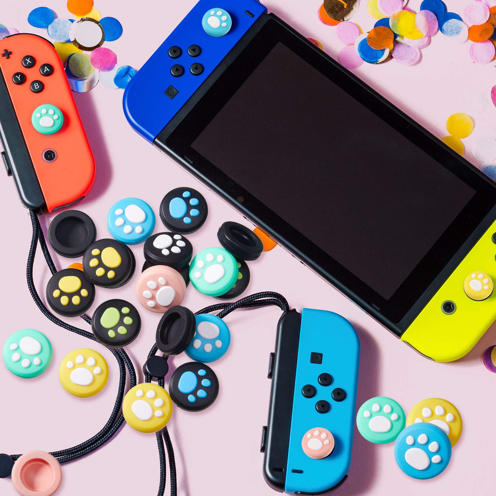 Skylety 34 Pieces Replacement Cute Cat Claw and Flower Design Thumb Grip Thumb Grips Analog Stick Cover Joystick Silicone Cover Compatible with Nintendo Switch, Switch Lite and Joy-Con Controller
