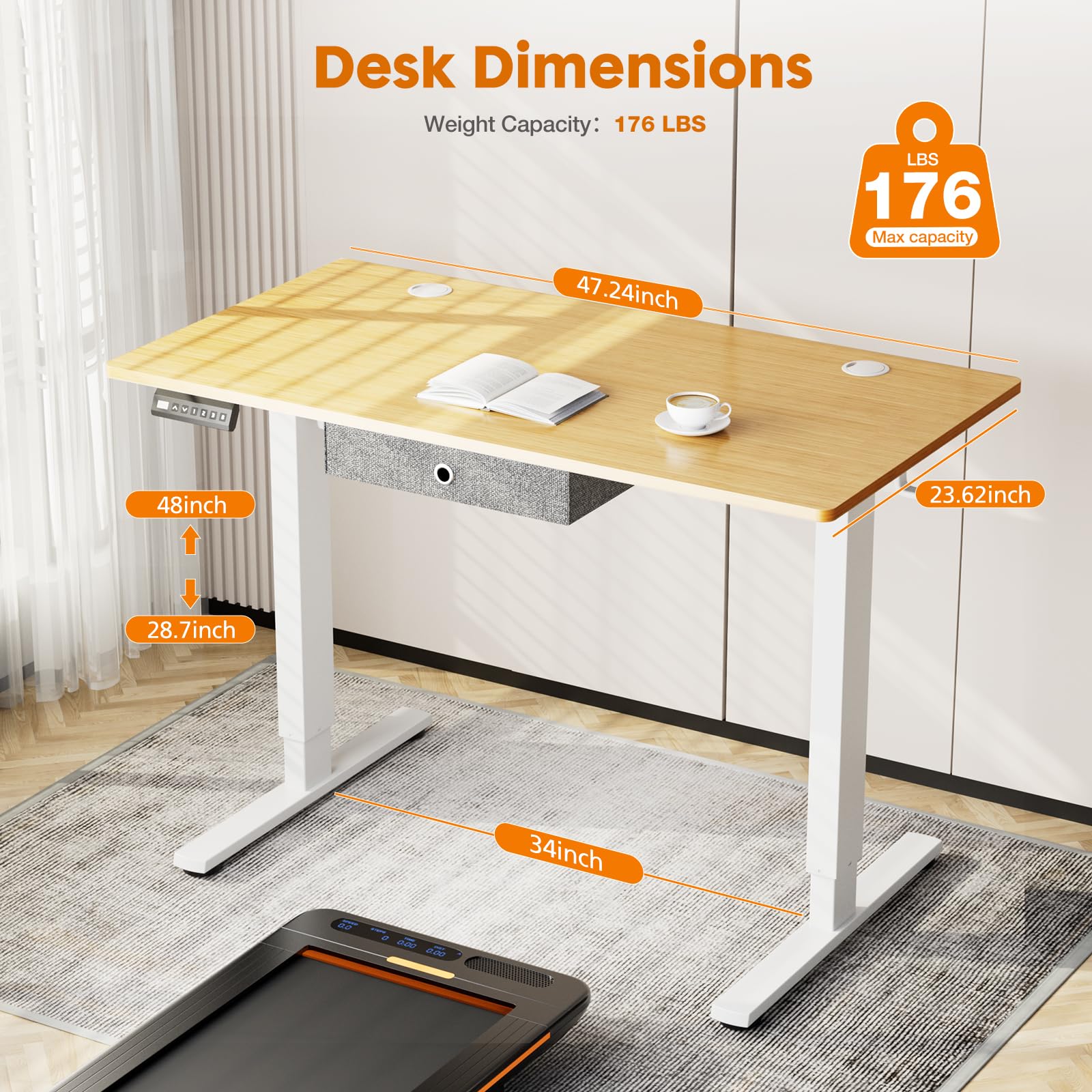 NEWBULIG Electric Height Adjustable Sit Stand Home Office Computer Desks with Drawer, 48 Inch, Oak Top and White Frame