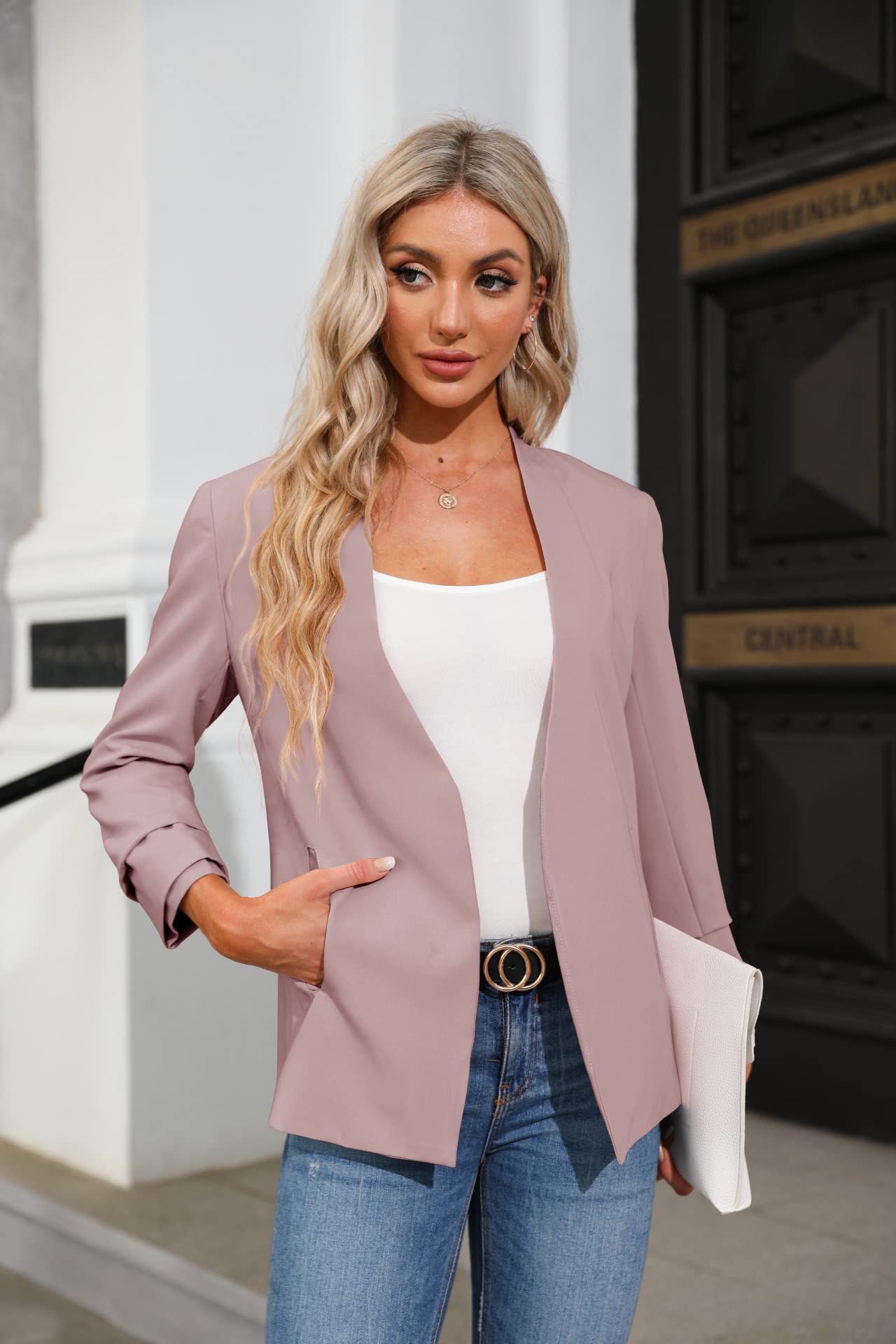 Ofenbuy Womens Casual Blazer Ruched 3/4 Sleeve Open Front Relax Fit Office Lightweight Cardigan Jacket Blazers (Medium, Pink)