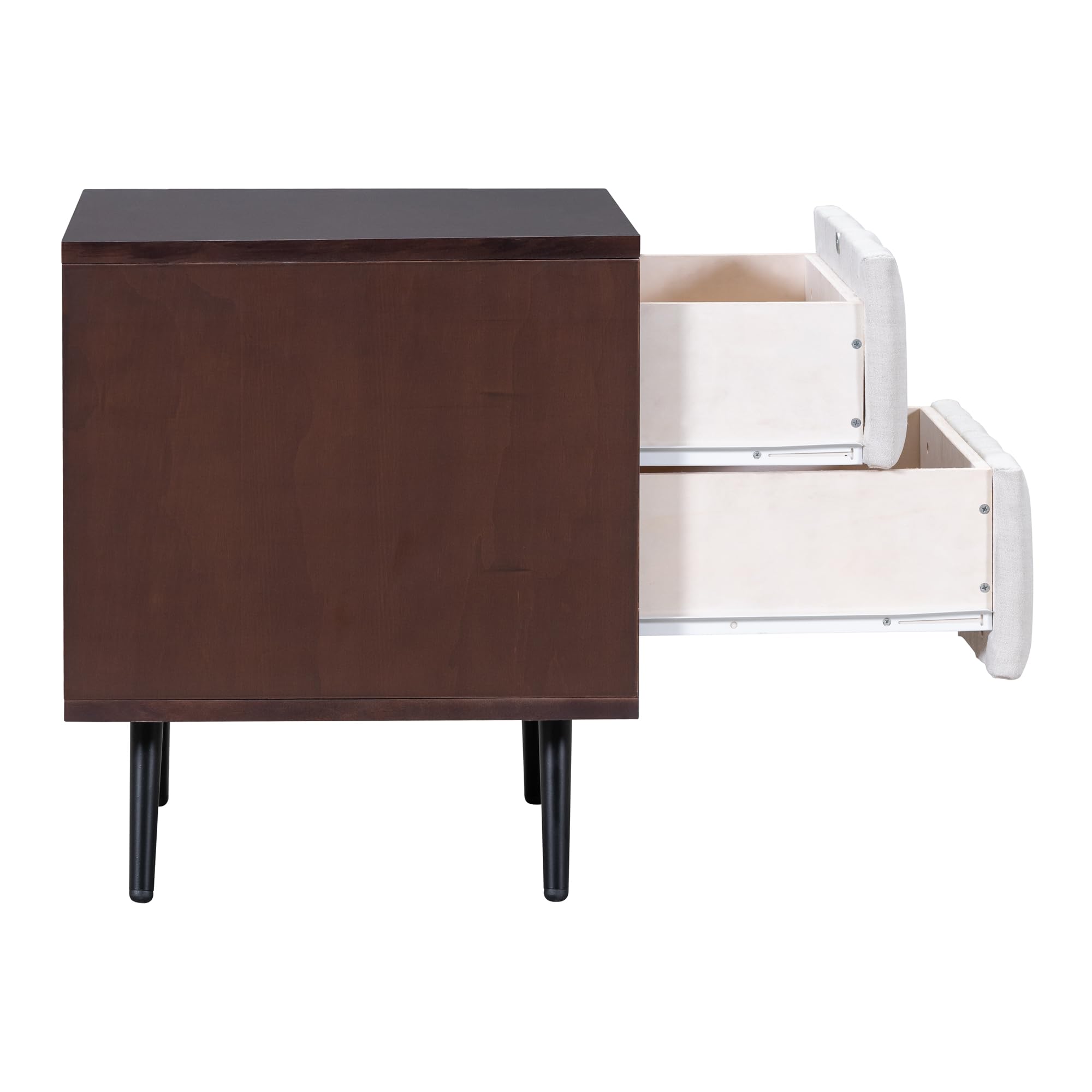 Modern Nightstand with 2 Drawers,Wood+Linen Bedside Table with Classic Design,Side Table for Bedroom,Living Room(Walnut+Beige)