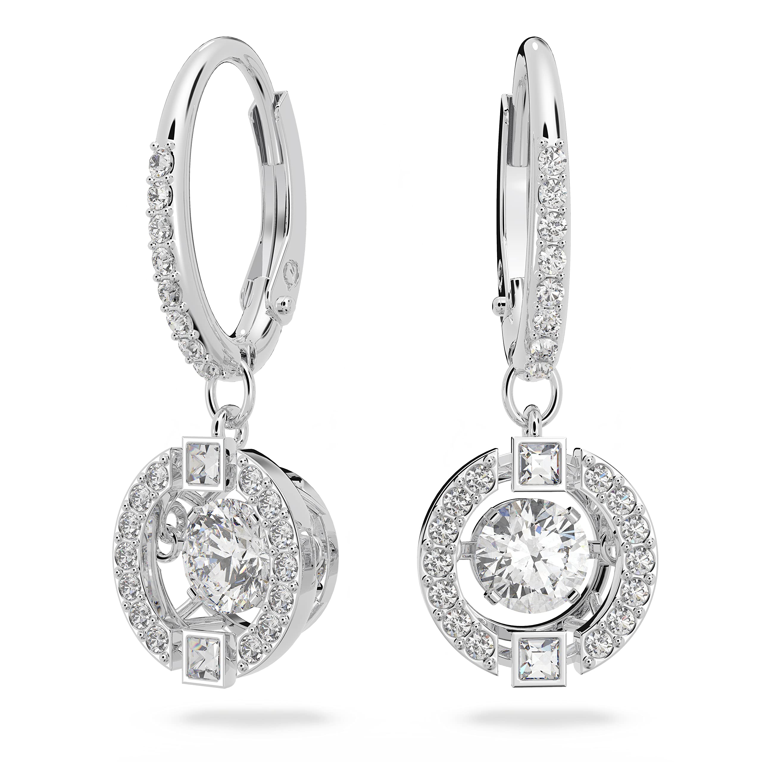 Swarovski Una Drop Pierced Earrings with Crystal PavĂŠ Surrounding a Round, White Floating Stone on a Rhodium Finished Setting