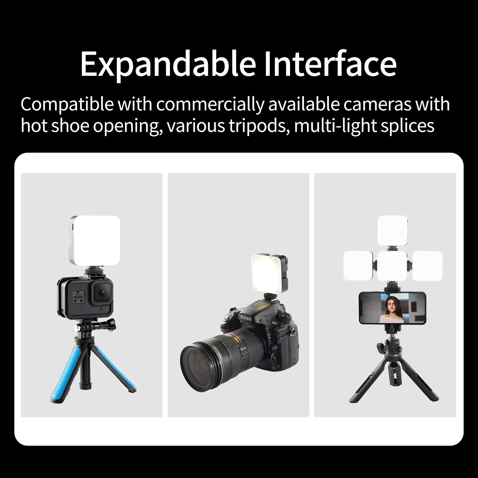 TELESIN 68 Beads RGB Video Light w 3 Cold Shoe, Rechargeable Soft Light Panel for GoPro Insta 360 DJI OSMO Cameras Cellphone Zhiyun Smooth Sony Canon Nikon DSLR