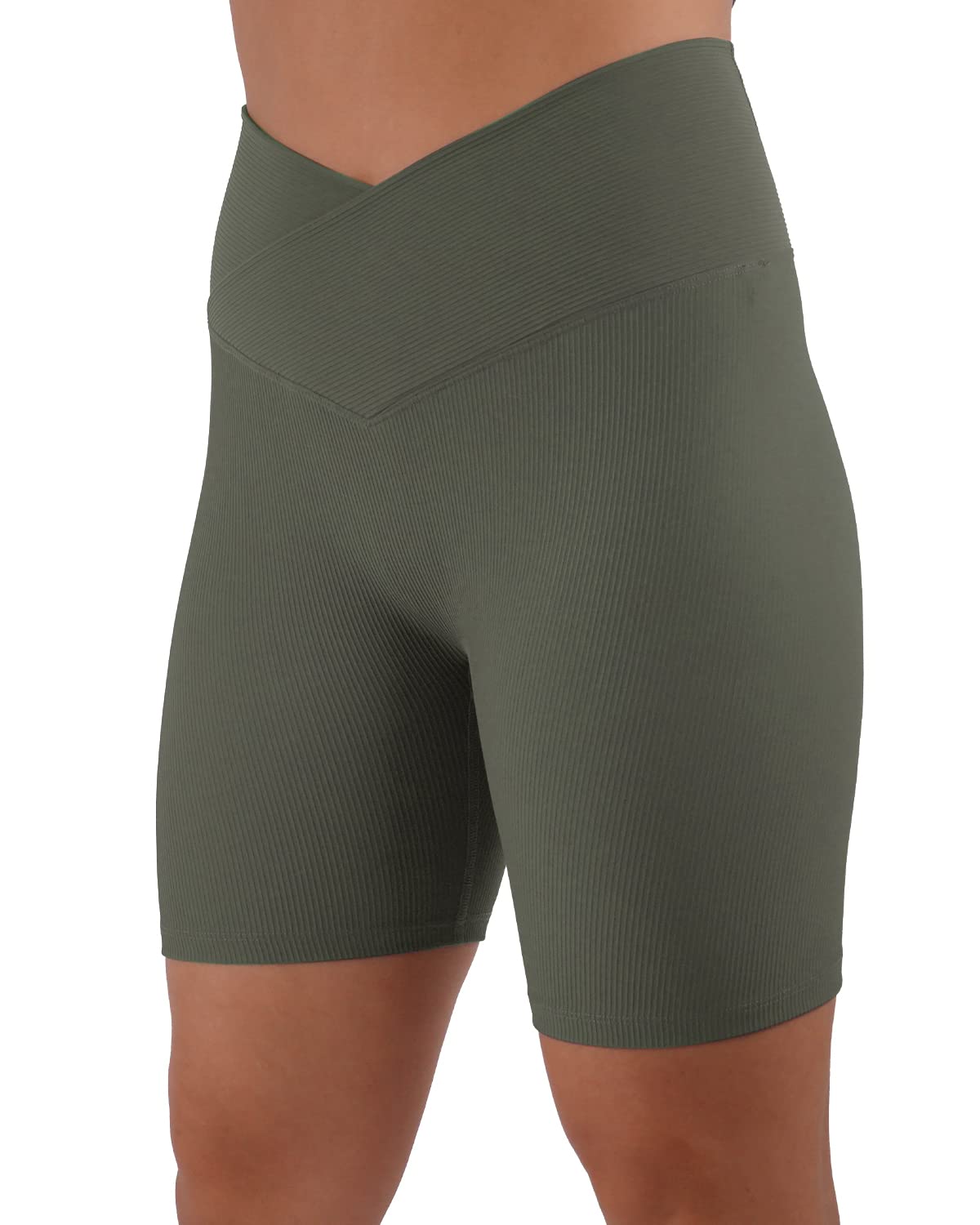 Womens 5" Crossover Workout Shorts High Waisted Ribbed Butt Lift Biker Running Compression Yoga Shorts Black