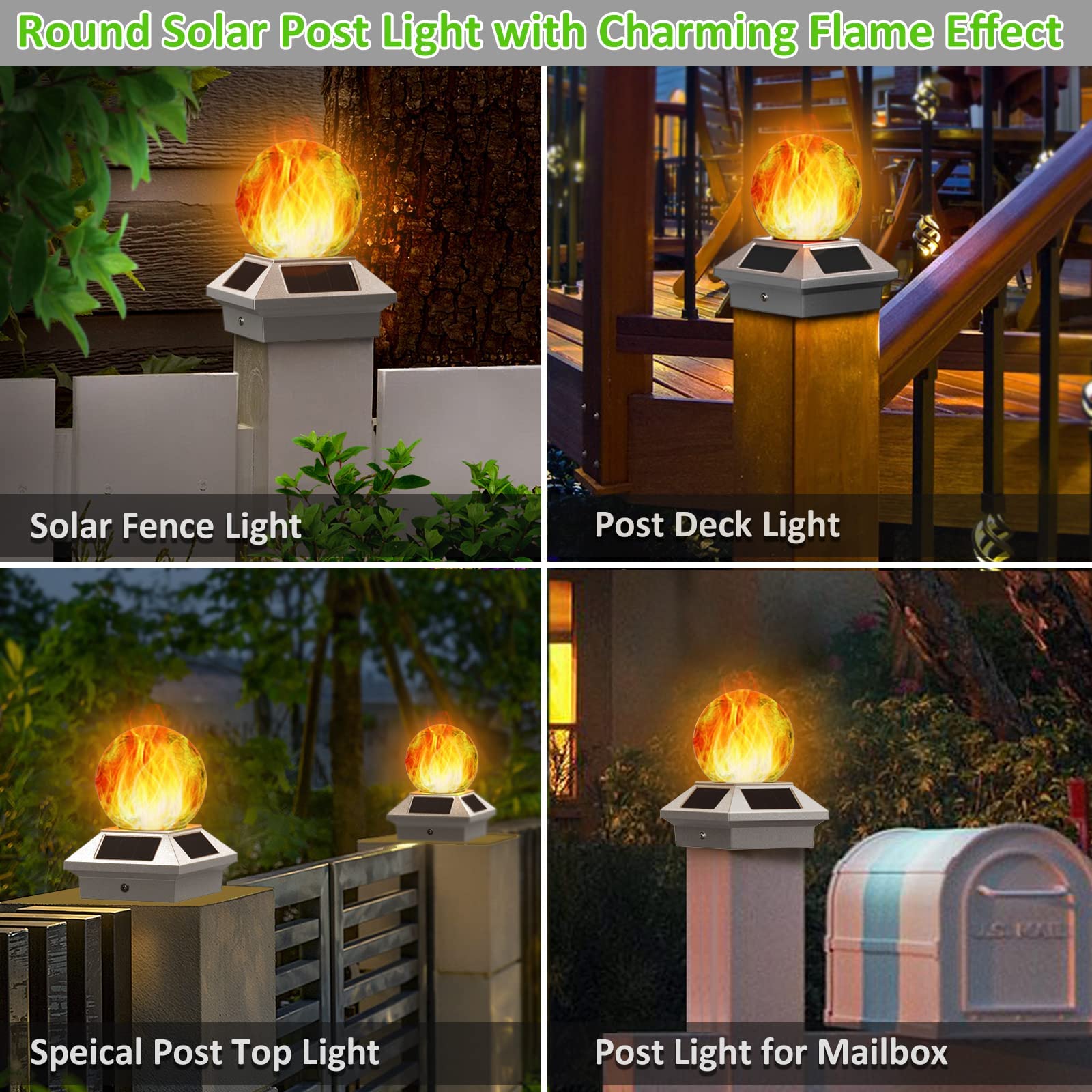 Solar Fence Post Cap Light,Solar Post Flame Lights Outdoor Cap Lights 4 Pack for Mailbox,Deck or Patio,Waterproof Outdoor Cap Lamp Post Fits 4X4, Wooden Posts or 3.5X3.5 Vinyl/PVC Fence Posts