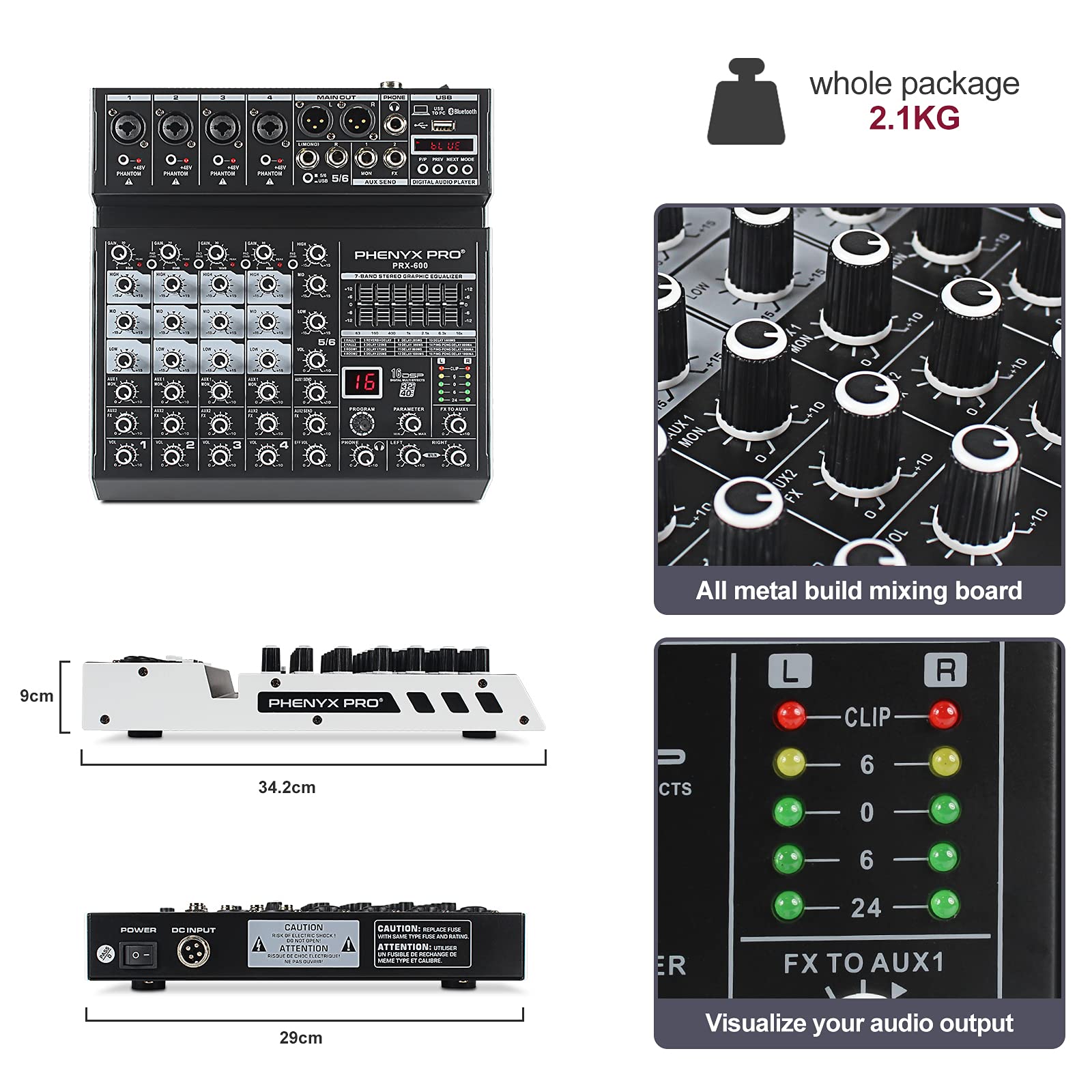 Professional DJ Audio Mixer, Phenyx Pro Sound Mixer, 6-Channel Sound Board Mixer Audio w/Bluetooth & USB Audio Interface, Stereo Equalizer, 16 DSP Effects, 3-Band EQ, For Studio & Stage (PRX-600)
