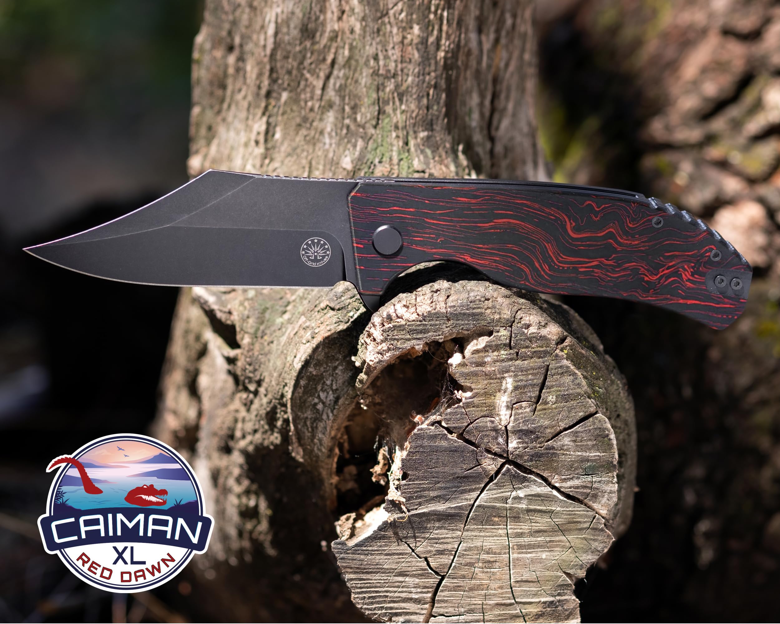 Off-Grid Knives - Caiman XL Red Dawn Edition, Folding Knife with Large Bowie Blade, Sandvik 14C28N Steel, Red & Black G10 Scales, Deep Carry Clip, Left & Right Carry