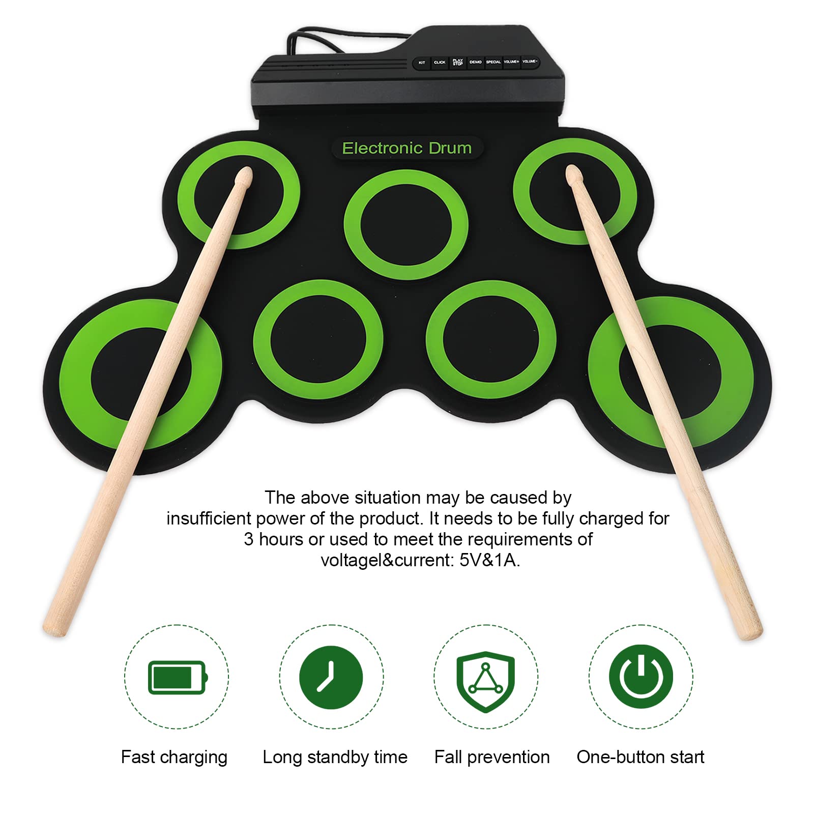 Topoworl Electronic Drum Set Practice Drum Pad Portable Electronic Drum Pads Portable Silicone Beginners Electric Drum Set Percussion Instrument Black