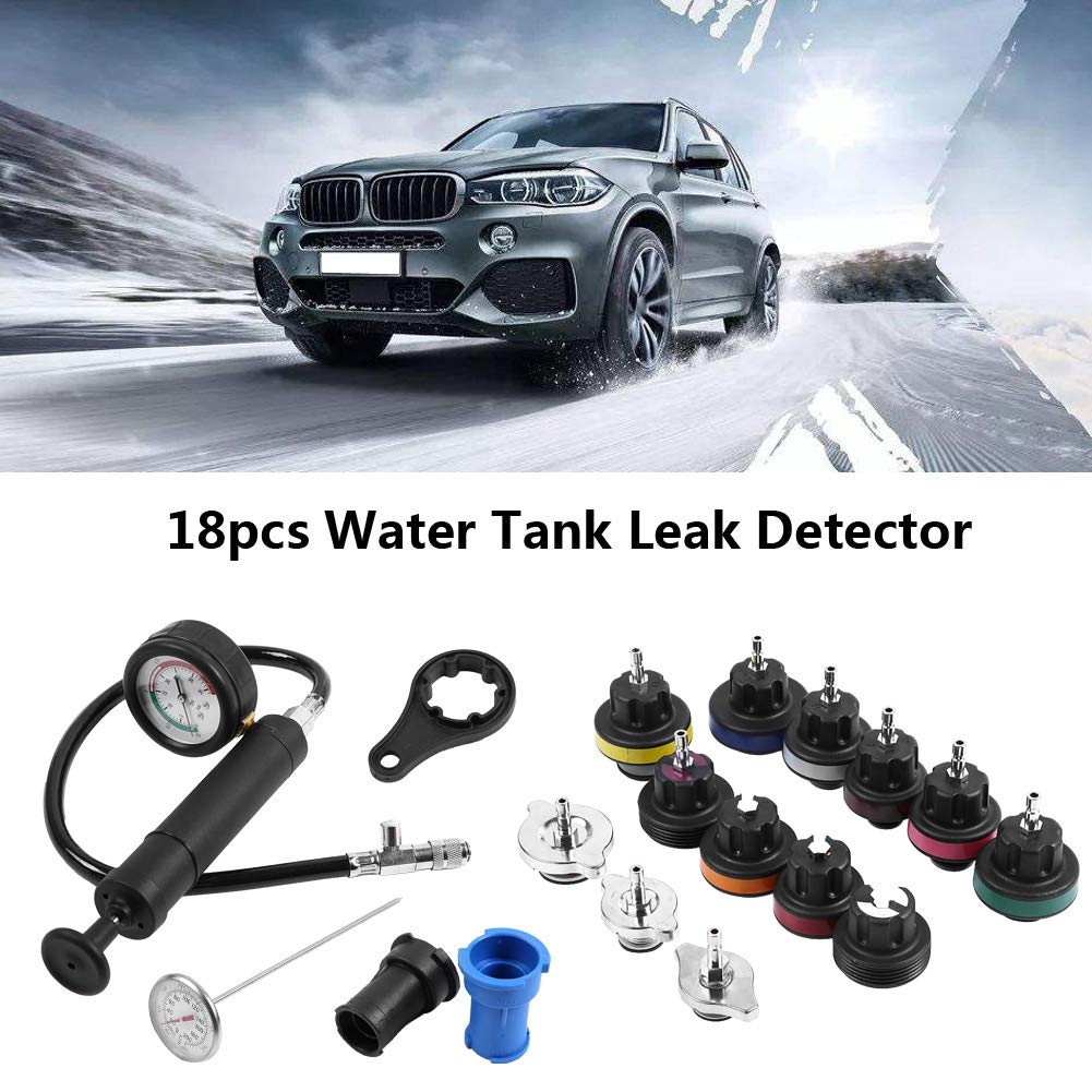 Qiilu Universal Car Radiator Pressure Tester Kit 18pcs Cooling System Tester Kit Water Leak Detector Kit Tools Coolant System Pressure Tester Vehicle