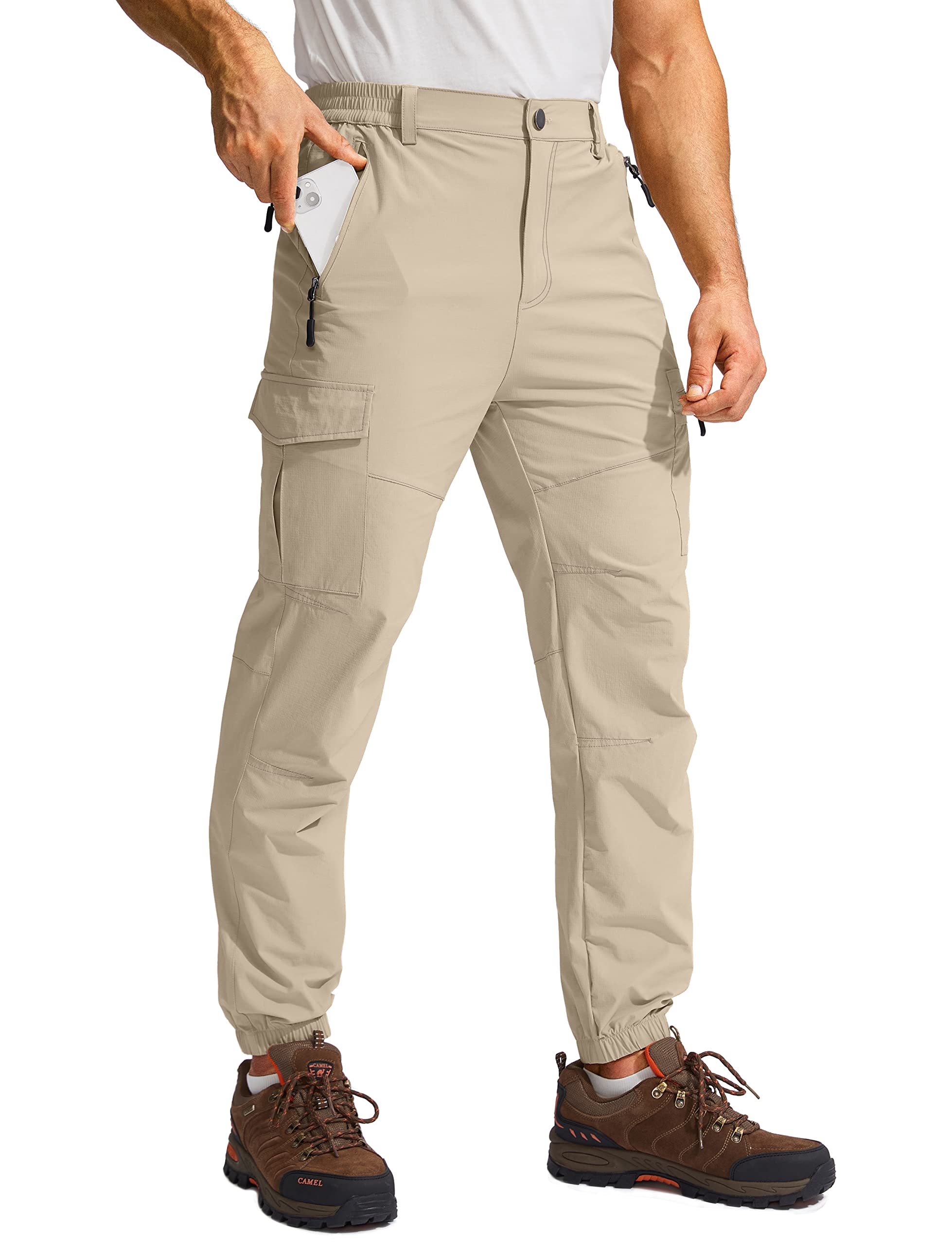Viodia Men's Hiking Cargo Pants with 6 Pockets Ripstop Waterproof Stretch Joggers Pants for Men Golf Work Travel Light Khaki