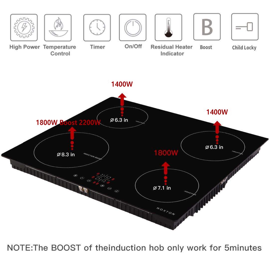 NOXTON Induction Cooktop, Electric Boost Stove Built-in 4 Burners Induction Cooker Black Glass with Touch Control, Child Lock, Timer, Hard Wired, Easy Cleaning Induction Cooker, 6400W, 220V~240V