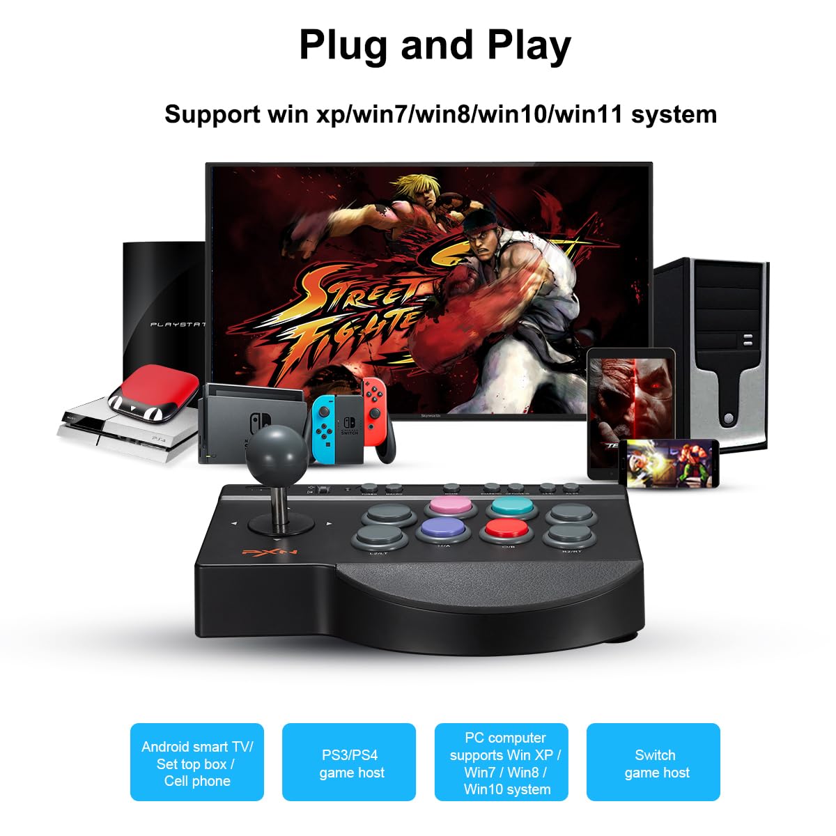 PXN Arcade Fight Stick 0082 Fight Stick Arcade Game Fighting Joystick PC with Turbo/Macro Functions Compatible with PC, PS4, PS3, Xbox One, Xbox Series X|S, Android TV Box, Switch