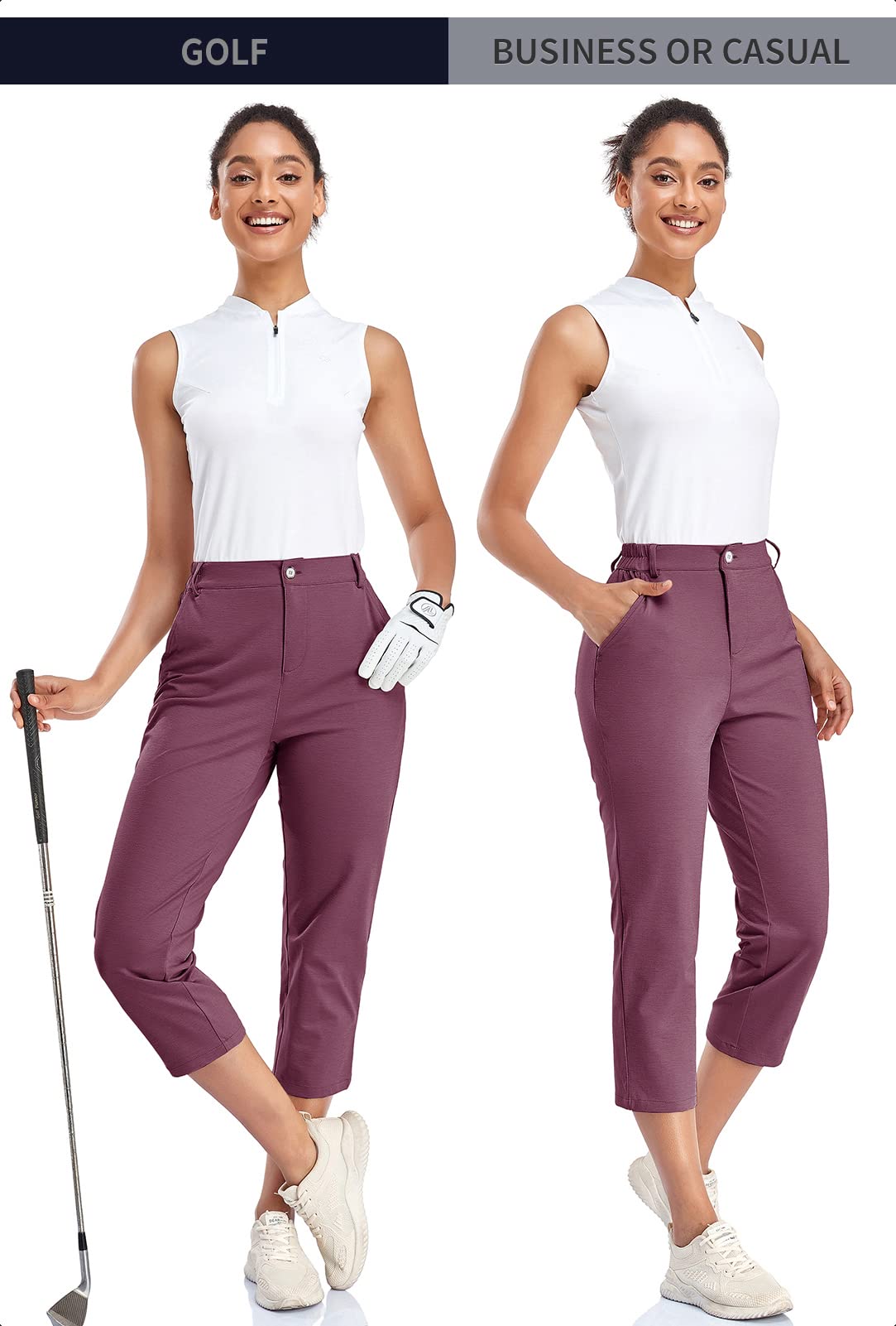 Womens Capri Golf Pants Casual Ladies Capris Stretch Work Office Dress Pants Business Elastic Waist Golf Apparel Lightweitht with Pocket Black