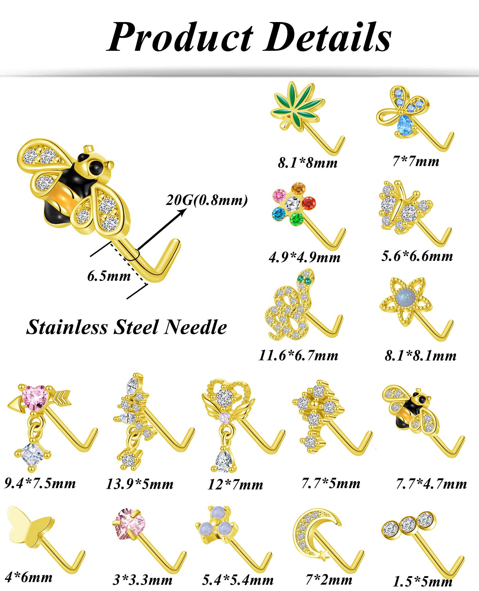 Tornito 16Pcs Nose Stud Ring L Shaped Nose Ring Heart Moon Bee Snake Leaf CZ Nose Studs Body Piercing Jewelry for Women Men 20G Gold Tone